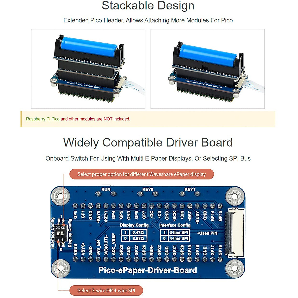 7.5inch E-Paper Display Module for Raspberry Pi Pico, 800×480 Pixels Black/White Two-Color E-Ink SPI Interface, Wide Viewing Angle, Paper-Like Effect Without Electricity