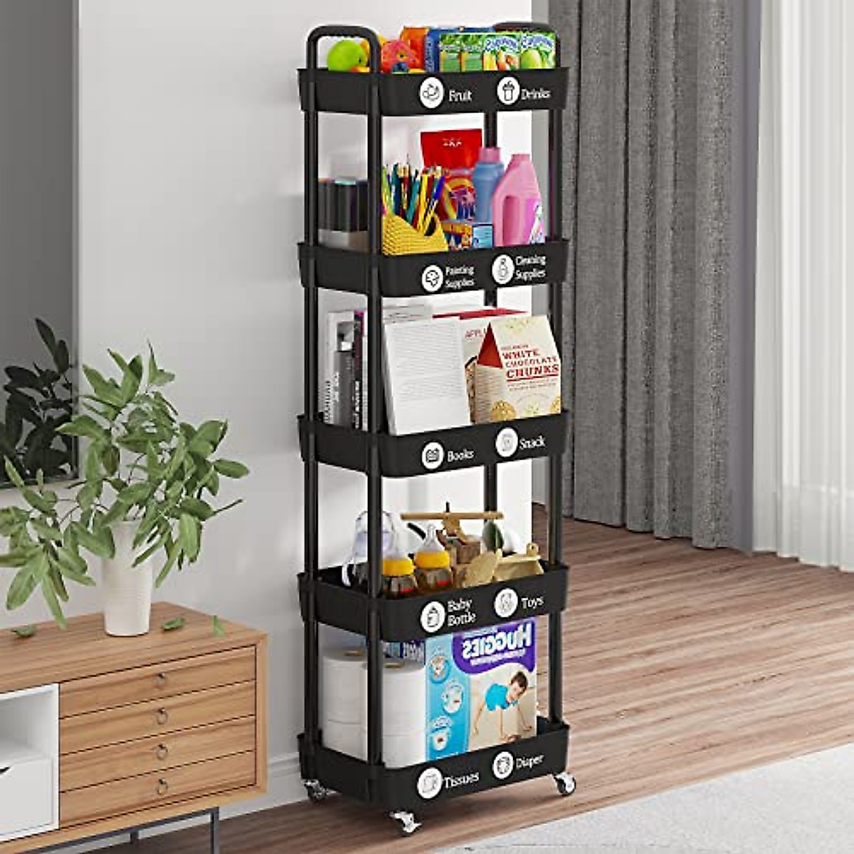 Laiensia 5-Tier Storage Cart,Multifunction Utility Rolling Cart Kitchen Storage Organizer,Mobile Shelving Unit Cart with Lockable Wheels for Bathroom,Laundry,with Classified Stickers,Black