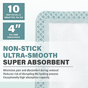 EVERLIT Super Absorbent Dressing for Wound Care | Nonstick Soft Surgical Gauze Pad for Heavily Exuding Wounds | Large Sterile Non-adhesive Bandage for Fast Healing Wound Care | Pack of 10 (4" x 4")