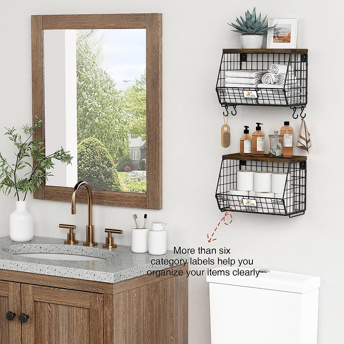 Goozii Hanging Wall Fruit Basket for Kitchen Counter 2 Pack, Stackable Wire Baskets for Organizing with Wood Lid, Potato and Onion Storage Bin with Banana Hook for Vegetable Produce, Black + Rustic