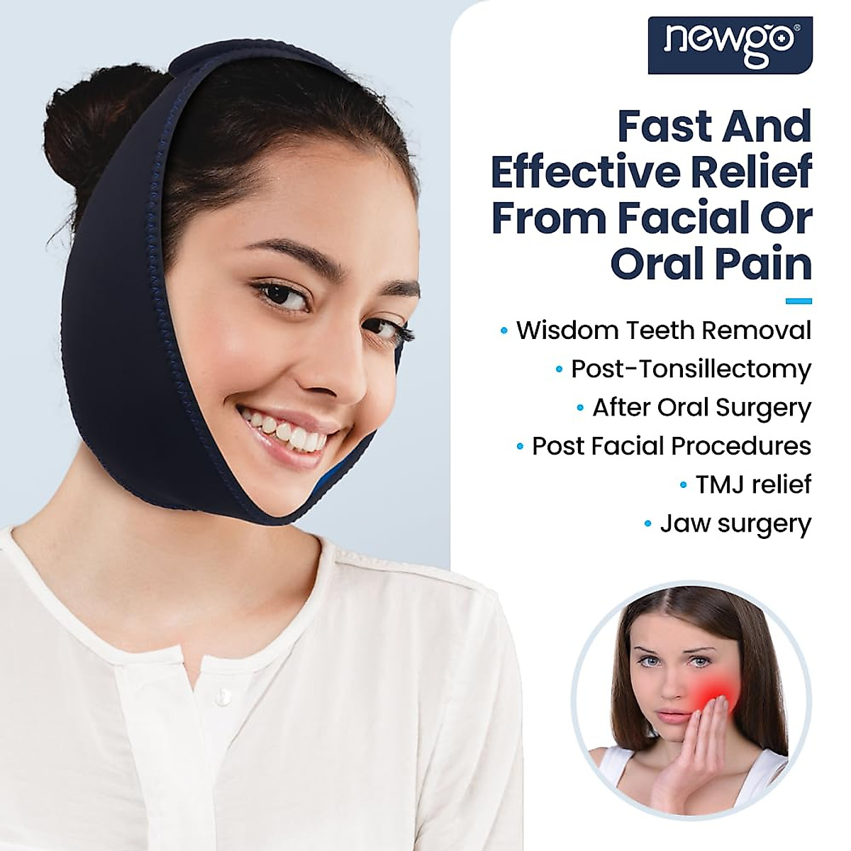 NEWGO Wisdom Teeth Head Wrap - Jaw Ice Pack for Face Oral Surgery, FSA/HSA Eligible with 4 Hot/Cold Gel Pack for TMJ, Tooth Extraction, Tonsillectomy Recovery