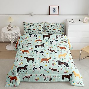 Horse Bedding Set Galloping Horse Comforter Set for Kids Boys Girls Teens Room Decor Cute Animal Decor Floral Comforter Full Size Kawaii Teal Duvet Set 3Pcs