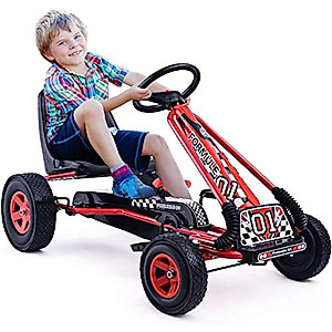 HOMGX Pedal Go Kart, Outdoor Kids Pedal Go Kart with Adjustable Bucket Seat, Steering Wheel, Rubber Wheels, Brake, Pedal Powered Ride On Kart for Boys, Girls (Reddish Black)