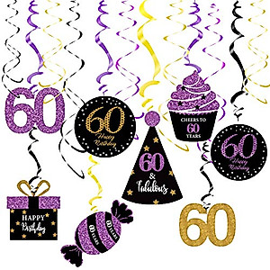 60th Birthday Decorations for Women Purple Black Gold 60 Birthday Party Decor – Foil Hanging Swirls/Women 60th Birthday Party Decorations