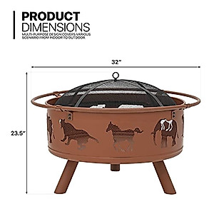 MoNiBloom 32" Wood Burning Fire Pits Horse Pattern Round Metal Firepit Burning Fireplace with Spark Screen Cover and Poker for Patio Backyard Picnic Garden, Red