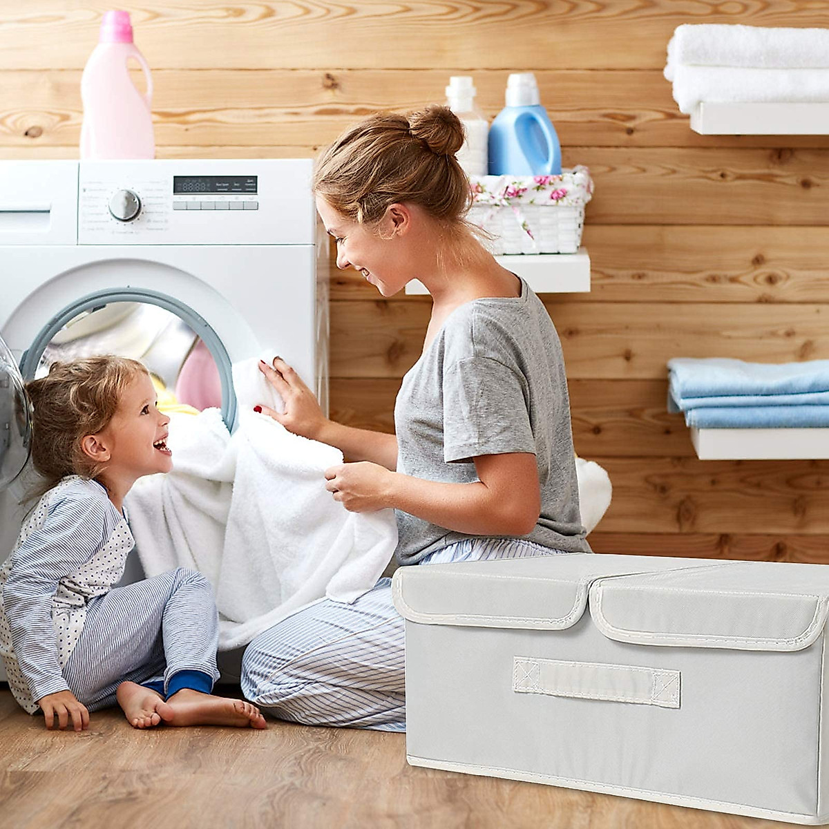 Large Foldable Storage Boxes with Lids Fabric, Large Toy Box, Lidded Storage Bins with Handles for Clothes, 40L Organiser Bathroom Storage Baskets for Clothes Toys Books Bedding or More (Beige 2 Pack)