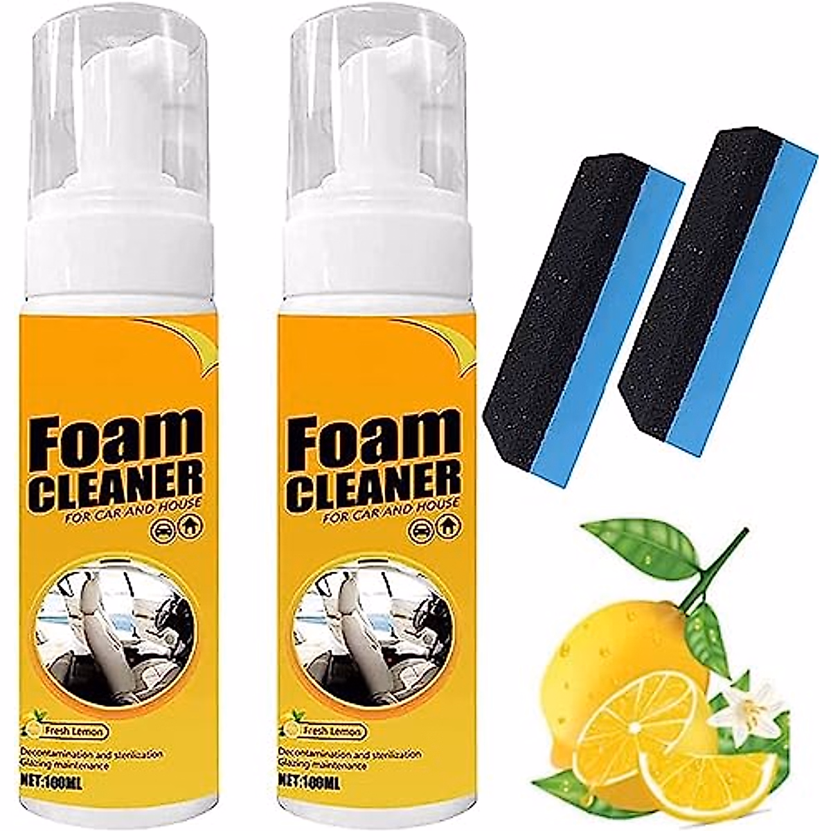 Multipurpose Foam Cleaner Spray, Foam Cleaner for car and House Lemon Flavor, Leather Decontamination, Multi-Functional Foam Cleaner, Cleaning Spray for Car Interior Ceiling Leather Seat (2Pcs(2*100ML))