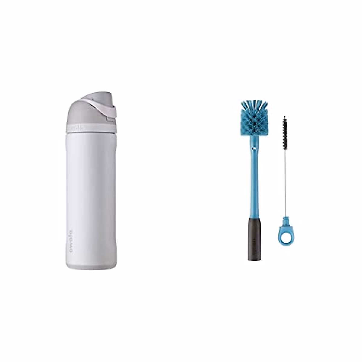 Owala FreeSip Insulated Stainless Steel Water Bottle with Straw for Sports and Travel, BPA-Free, 24-Ounce, Shy Marshmallow & 2-in-1 Water Bottle and Straw Cleaning Brush, Smokey Blue