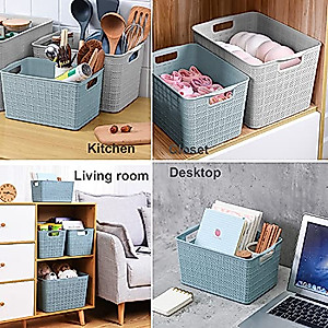 AYSUM 8 Pack Plastic Storage Basket, 9.7 x 6.5 x 5.5 Inch, Small Plastic Baskets Stackable Plastic Woven Organizer Bins for Toys, Pantry, Kitchen, Bedroom, Bathroom - Blue