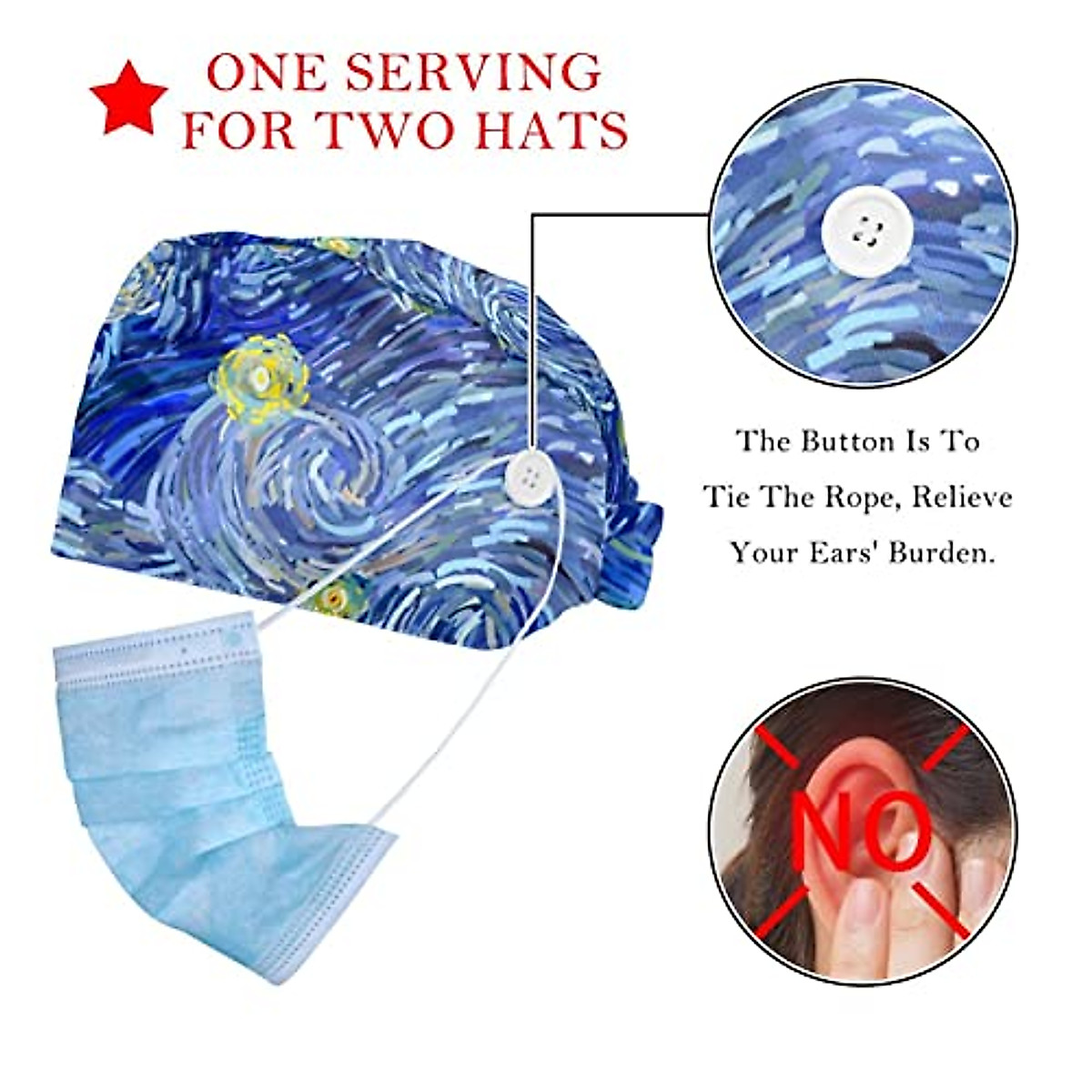 Mersov Bouffant Caps with Button, Surgical Scrub Cap for Men Women, 2 Pieces Blue Starry Sky Space Galaxy Working Hat Tie Back Hat, Medium-3X-Large