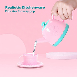 CUTE STONE Toy Tea Set for Little Girls, Kids Tea Party Set Includes Kettle with Light & Music, Teapot, Dessert, Cookies, Play Tea Party Accessories & Carrying Case, Kitchen Pretend Play for Kids