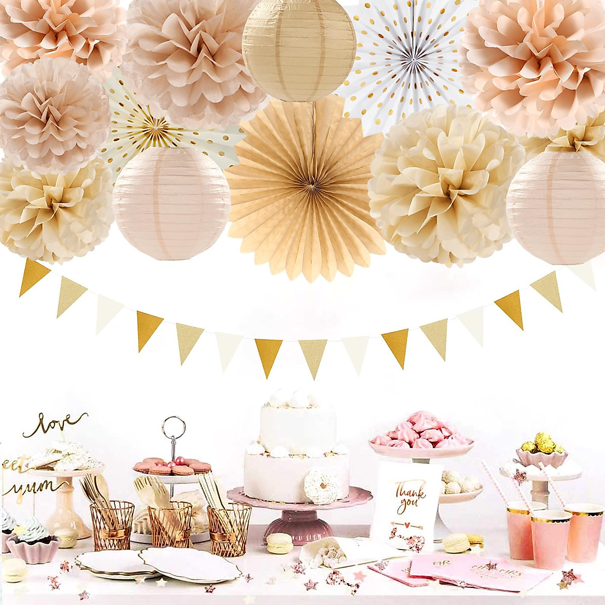 Beige-Champagne Gold White-Peach Boho Party-Decorations - 20pcs Neutral Baby Shower Rustic Wedding Paper Lanterns Fans,Tissue Pom Poms,Honeycomb Balls,Bunting,Birthday Bridal Decor Burgleda
