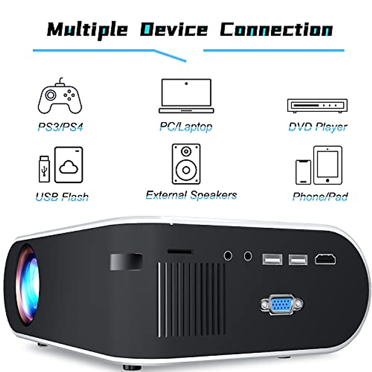 AMEELA Projector, 2023 Upgraded Mini Projector, 8500 lumens Multimedia Home Theater Video Projector, Compatible with Full HD 1080P HDMI, USB, VGA, AV, Smartphone, Pad, TV Box, Laptop