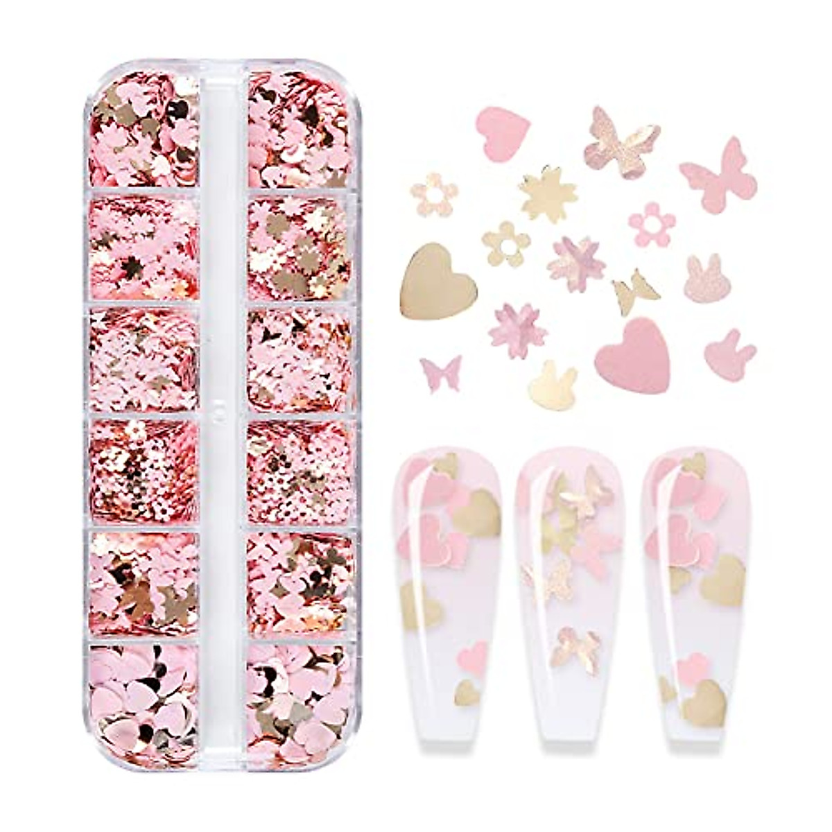 12 Grids Nail Sequins Butterfly Heart Flower Sequins Mixed Pink Nail Glitter Flakes DIY Design Manicure Decorations Sets Glitter Sequin Nail Decoration Nail Accessories for Nail Art