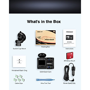 PRUVEEO Dash Cam, Front and Inside 1080P Dual FHD, Novatek Processor, Single-Channel 2160P, Built-in WiFi, 24H Parking Monitor, 2 Inch LCD Camera, 512 Gb Max, G-Sensor, Infrared Night Vision