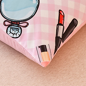 Aimuan Fashion Girl Comforter Sets Cosmetic Perfume Bag Lipstick Diva Pink Quilt Set Nail Polish Pattern Decorative Quilted 3 Pcs Makeup Bedding Set with 2 Pillowcases (Pink, Twin)