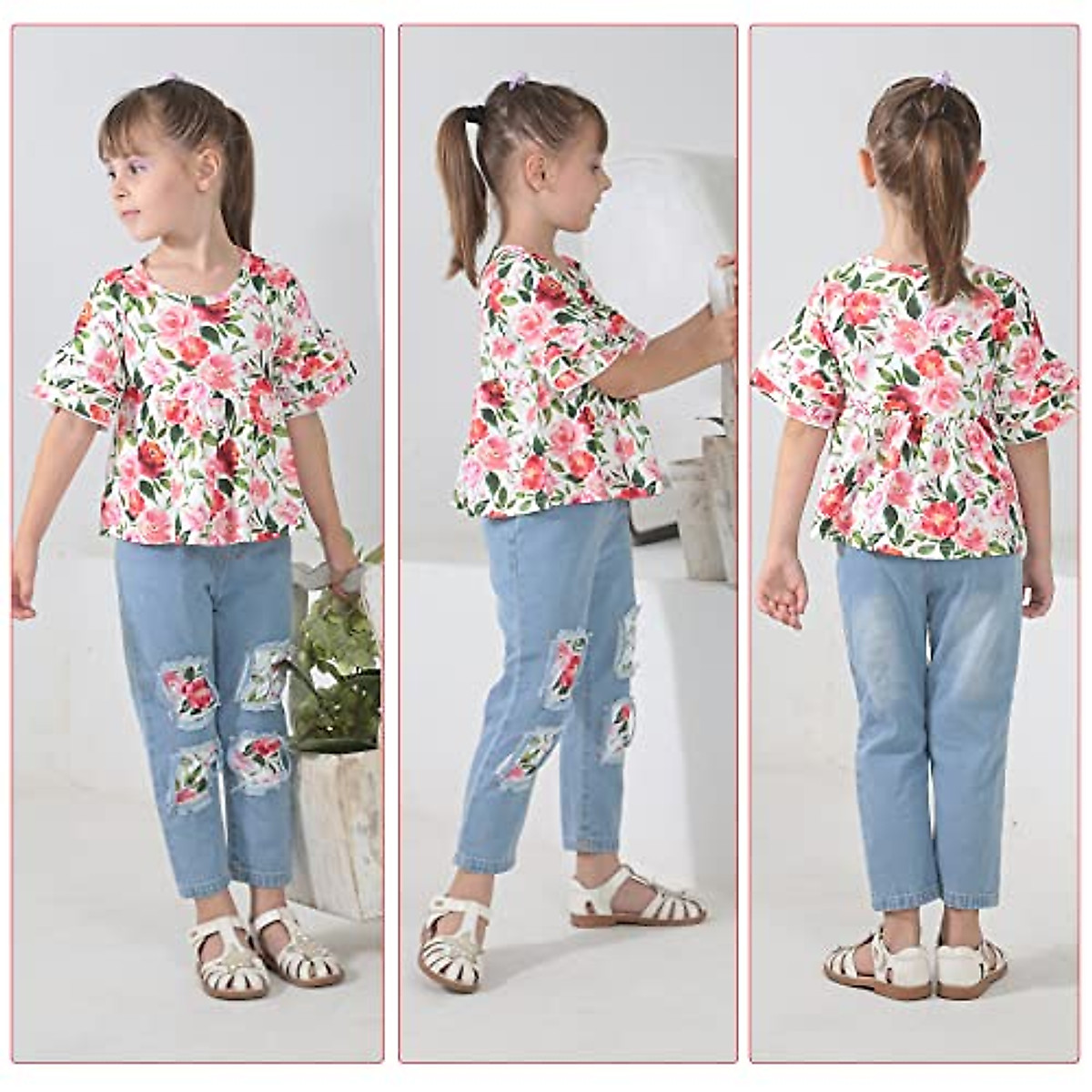 Hearyoo Baby Girl Clothes Infant Toddler Denim Ruffle Sleeve Floral Shirts Tops Ripped Jeans Pants Sets Summer Girl Outfits Red Flower 18-24 Months