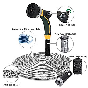 TheFitLife Flexible Metal Garden Hose - Upgrade Leak and Fray Resistant Design, Stainless Steel Water Hose with Solid Fittings and Sprayer Nozzle, Lightweight Kink Free Durable Easy Storage (50 FT)