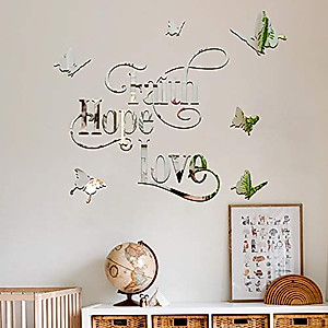 Faith Hope Love 3D Acrylic Mirror Wall Stickers, HOLENGS 3D Butterfly Mirror Surface Peel and Stick Removable Motivational Letter Wall Decals, Crystal DIY Wall Decor for Home Living Room Bedroom