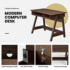 UIIAIOUIAIO Mid Century Writing Desk with Storage, Wooden School Learning Table with Drawer & Storage Cabinets, Student Writing Computer Workstation for Bedroom Study Room