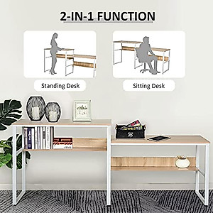 HOMCOM 86.5 Inch Two Person Desk Double Computer Table Writing Desk with Open Shelves Long Storage Workstation for Home Office White and Natural