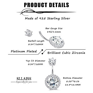 Sllaiss CZ Halo Belly Button Rings for Women 925 Sterling Silver 14G Belly Rings Round Cubic Zirconia Body Jewelry Curved Barbells Navel Rings 3/8" 10mm
