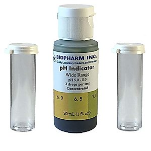 Wide Range pH Indicator Solution: 30 mL Plus 2 Empty Capped Sample Vials — Includes Easy to Read 0.5 pH Increment Color Chart