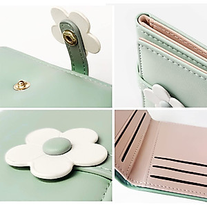 MEISEE Cute Small Wallet for Girls Women Tri-folded Wallet Cash Pocket flowers PU Leather Print Card Holder Coin Purse with ID Window (2-green)