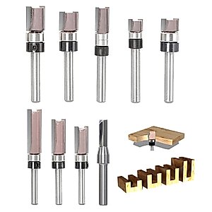 SICWOOD 9pcs Pattern Flush Trim Router Bit 1/4 Shank, Carbide Tipped Top Bearing Template Pattern Router Bit, Straight Flush Cut Router Bit, for Wood Trimming