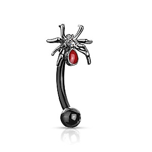 Pierced Owl 16GA Crystal Set Red Bellied Spider 316L Surgical Stainless Steel Cartilage Helix Daith Rook Eyebrow Curved Barbell (Black)