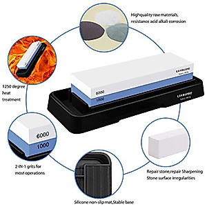 Knife Sharpening Stone Set,Whetstone Dual Sided 1000/6000 Grit Waterstone with Angle Guide Non Slip Rubber Base Holder, Knife Sharpeners Tool Kit for Kitchen Hunting (Blue + black)