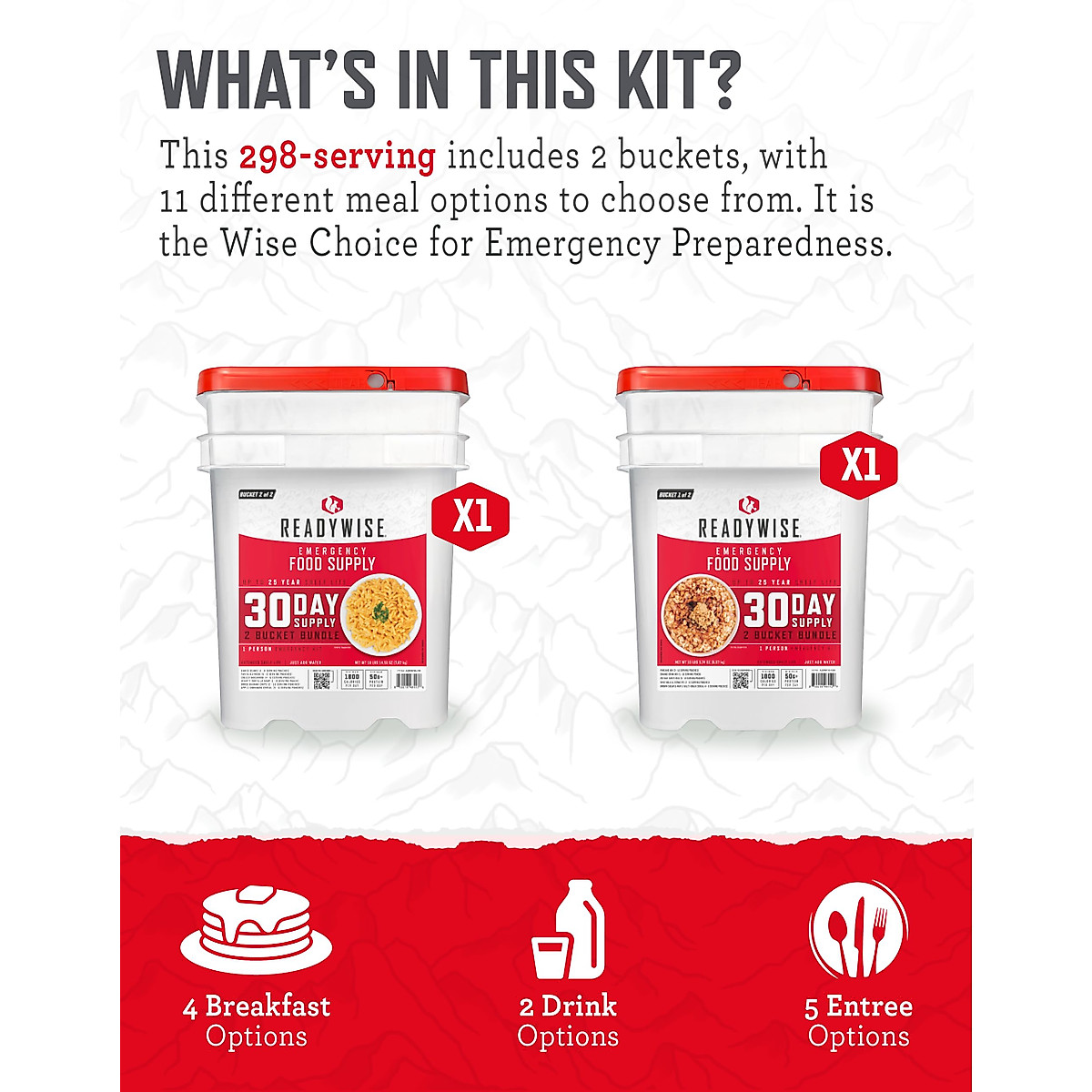 READYWISE - 30 Day, Emergency Food Supply, 298 Servings, 2 Buckets, Freeze-Dried, MRE, Camping, Hiking, Survival, Adventure Meal, 25-Year Shelf Life