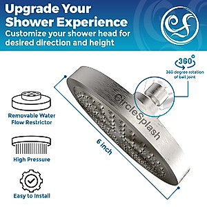 CIRCLESPLASH Shower Head - High Pressure Rain Booster - Anti Clog Self Cleaning Adjustable Showerhead - Tool-less 1 min Install - Universal Replacement Brushed Nickel - Rainfall 6 inch