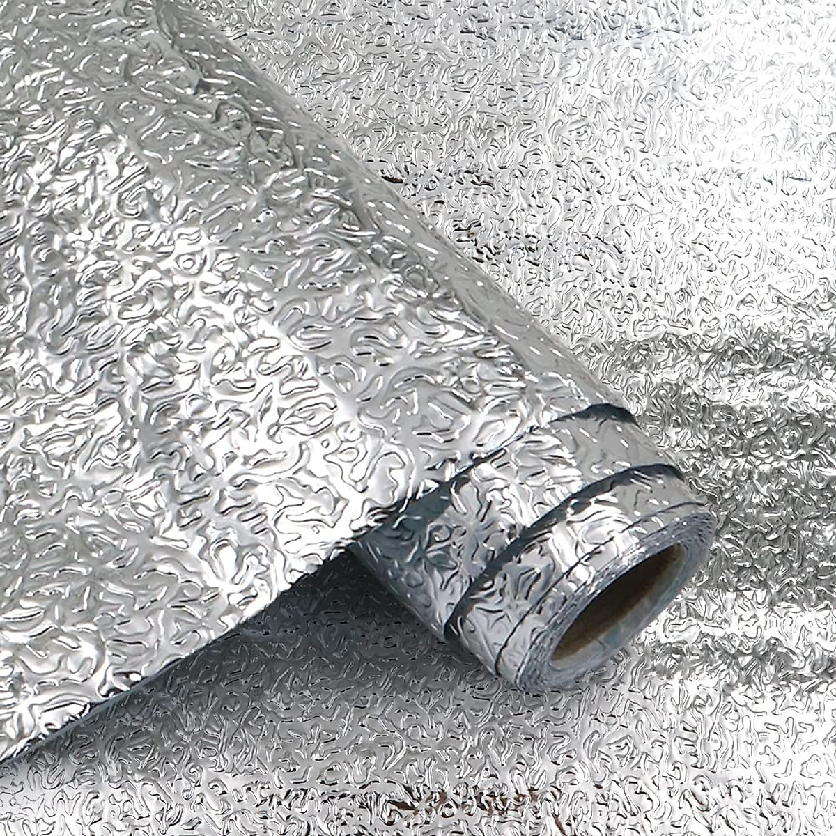 Kitchen Backsplash Stickers Self Adhesive Aluminum Foil Wallpaper, Oil Proof Heat Resistant Kitchen Wall Stickers for Cabinet Countertops Drawer Liner Shelves (15.7Inch x 16.4Ft)