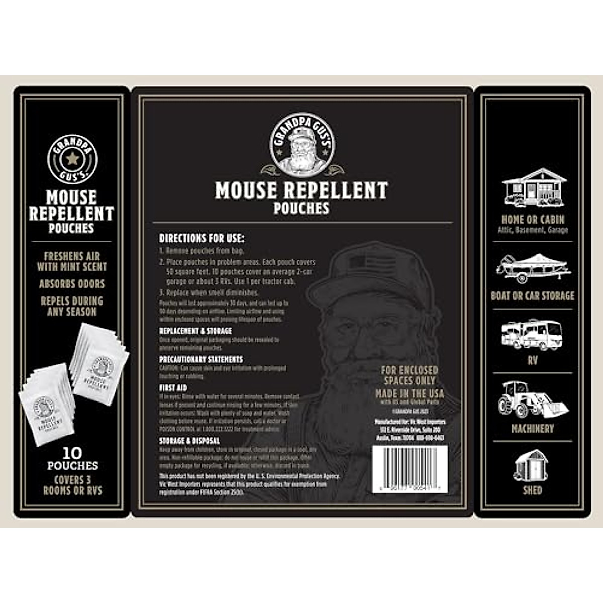 Grandpa Gus's Extra-Strength Mouse Repellent, Cinnamon/Peppermint Oils Repel Mice from Nesting & Freshen Air in Car/RV/Boat/Garage/Shed/Cabin, 1.75 Oz (10 Pouches)