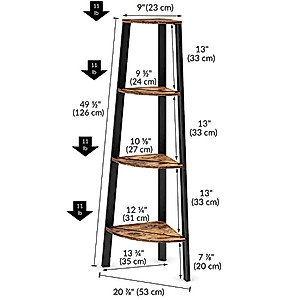 Ballucci Modern Corner Ladder Shelf, 4-Tier Corner Bookshelf Storage Rack & Plant Stand, Wood with Metal Frame - Rustic Brown