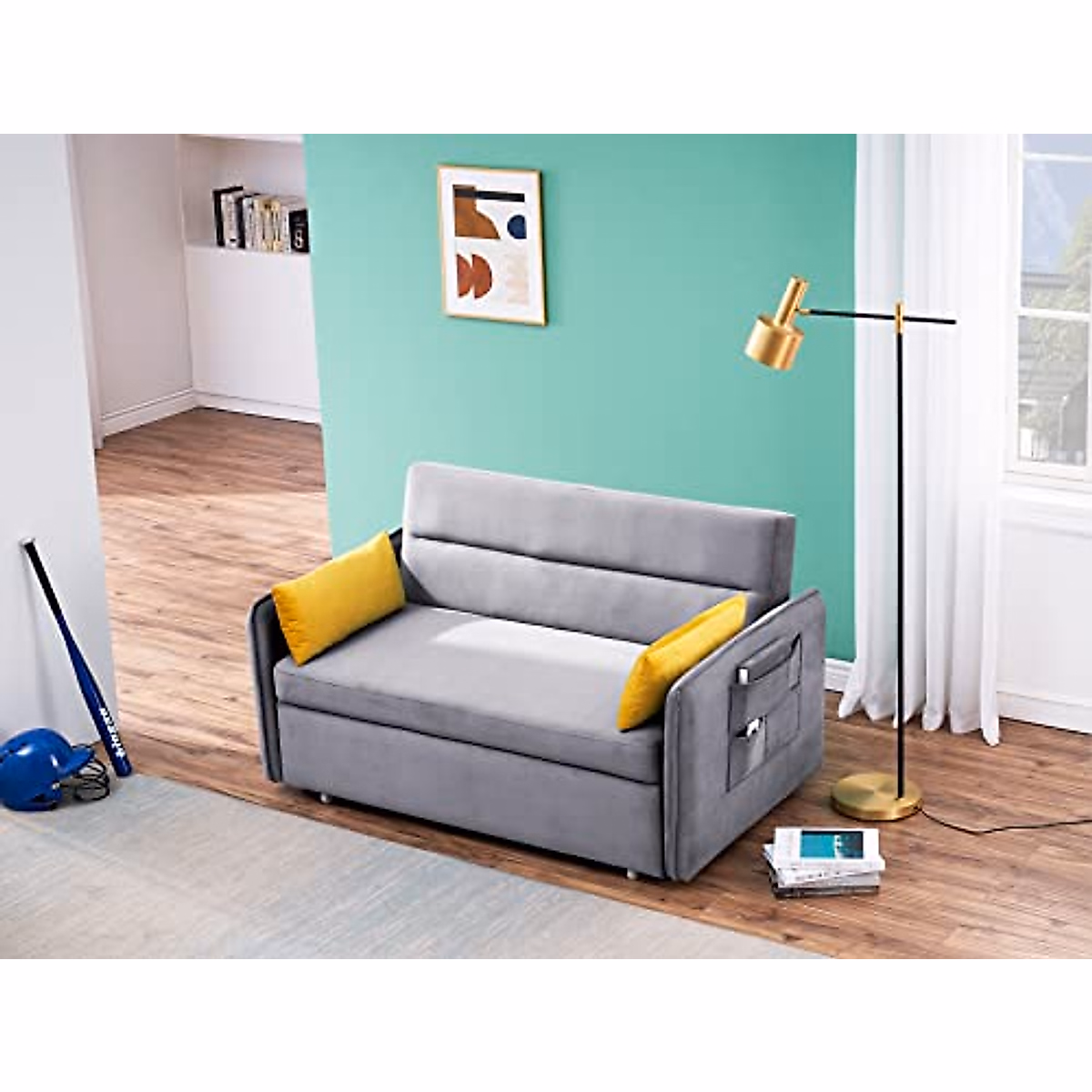 FANYE Grey Velvet Tufted Twin Size W/Pillows & Multi-Pockets, 54.3"