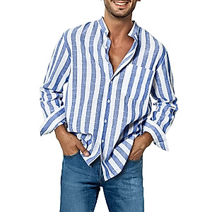 JMIERR Mens Casual Cotton Linen Shirts Button Down Long Sleeve Striped Beach Resort Shirts for Men,US 38(S),0Sky Blue