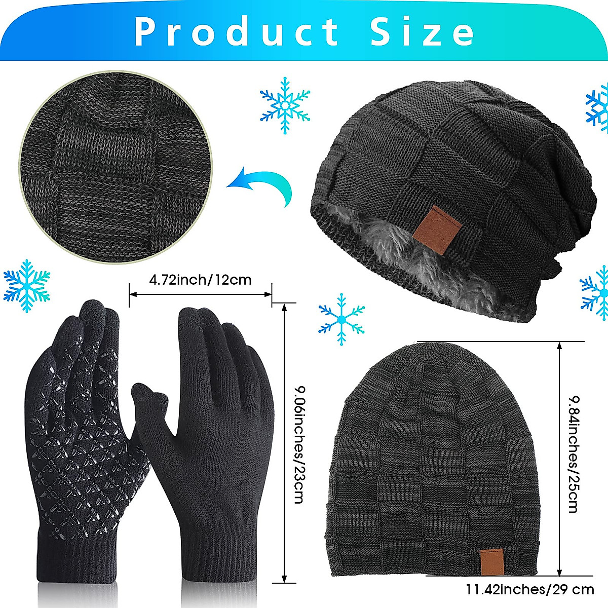 Winter Hats for Men Women Warm Gloves Lined Knit Thick Slouchy Beanie Touch Screen Anti Slip Silicone Gel Winter Gloves (Black, Gray, 2 Set)