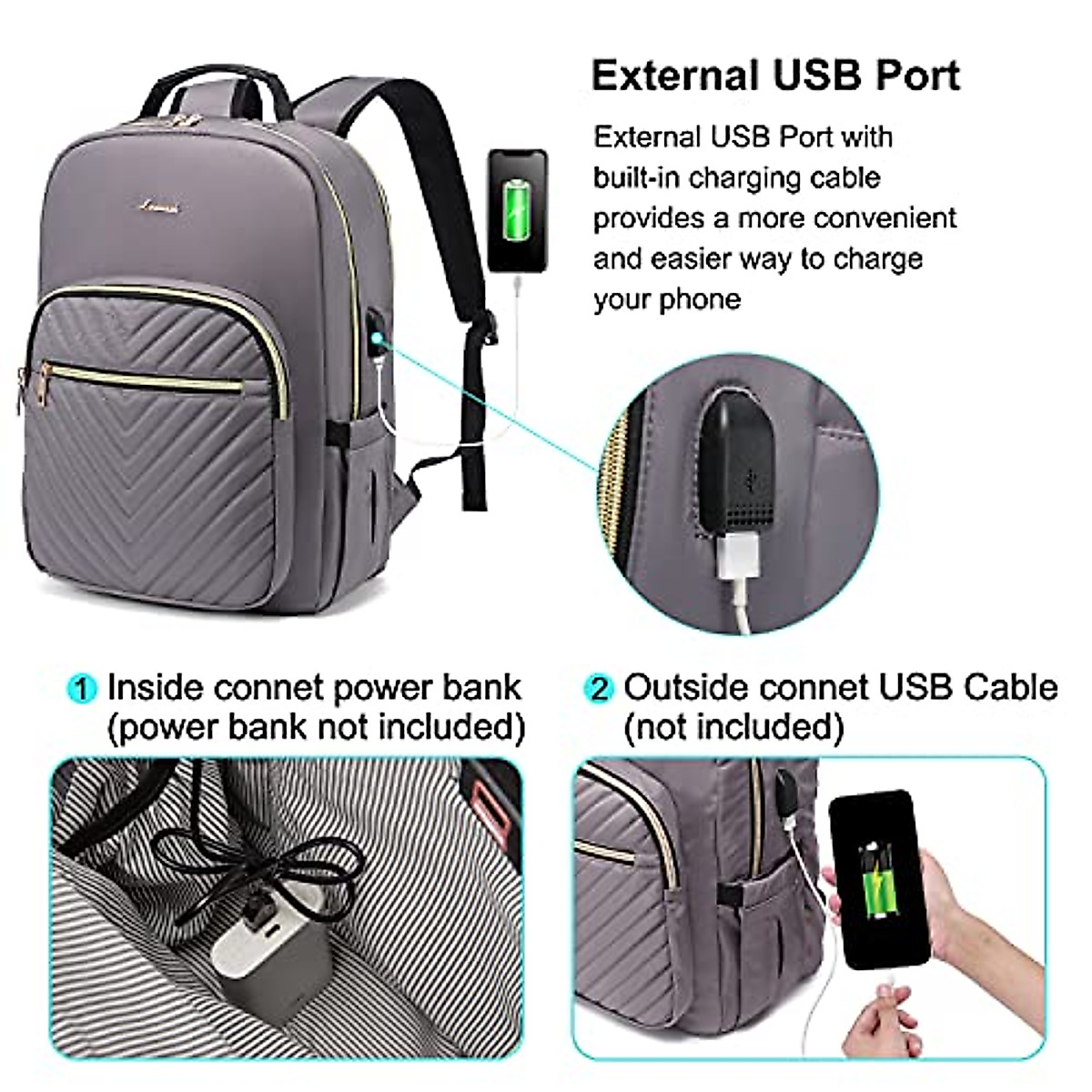 LOVEVOOK Laptop Backpack Purse for Women, Large Capacity Travel Business Computer Work Bag, Quilted Casual College Nurse Backpack for Womens, Fit 15.6 Inch Laptop with USB Port, Purple Grey