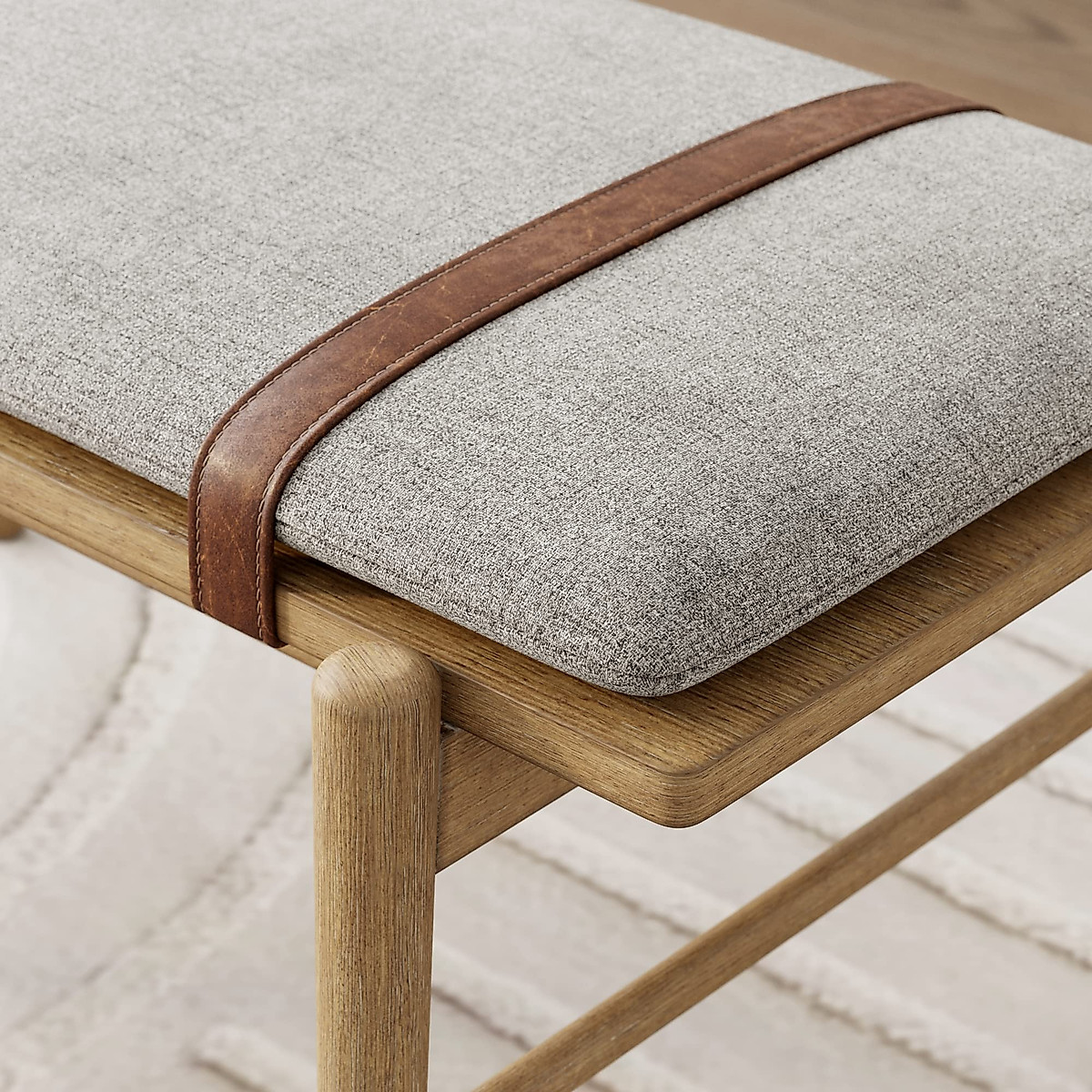 Nathan James Gugan Mid-Century Wooden Bench Seat, End of Bed Bench with Removable Fabric Cushion for Indoor Dining Room, Bedroom and Entryway, Light Brown/Ivory