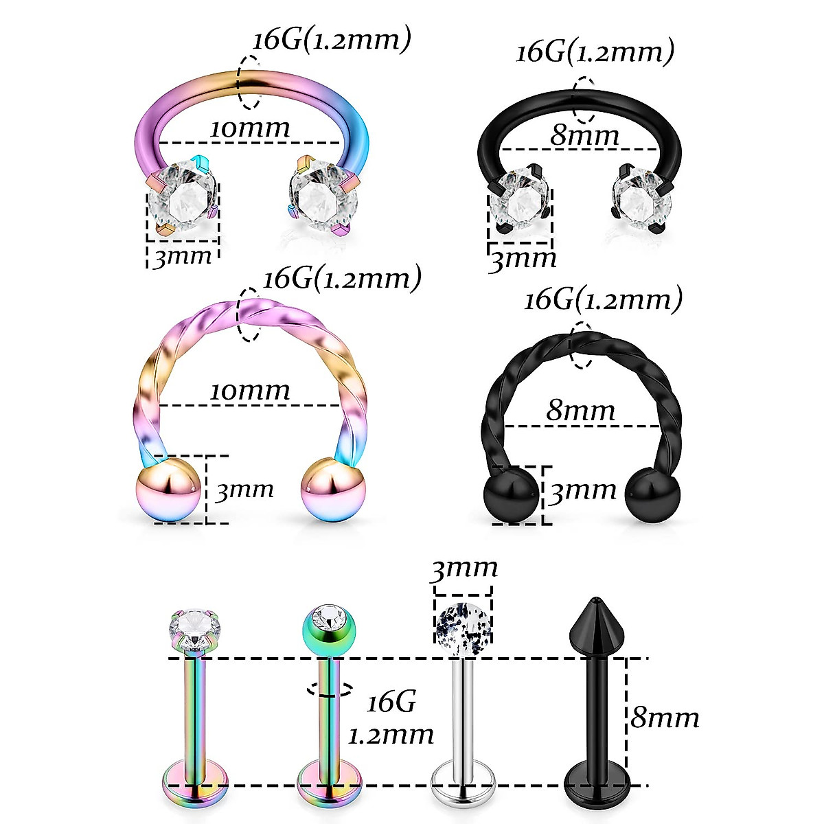 Vsnnsns 16G Lip Rings Stainless Steel Horseshoe Labret Monroe Lip Rings Nail Cartilage Tragus Helix Earrings Studs Septum Ring Medusa Piercing Jewelry Retainer for Women Men Black Rainbow 8mm