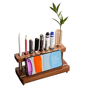 alisimple Walnut Wooden Pencil Pen Holder Stand tablet Cell Phone Stand Holder Glass Plant Propagation Station Test Tube Flower Vase for Desk Decor