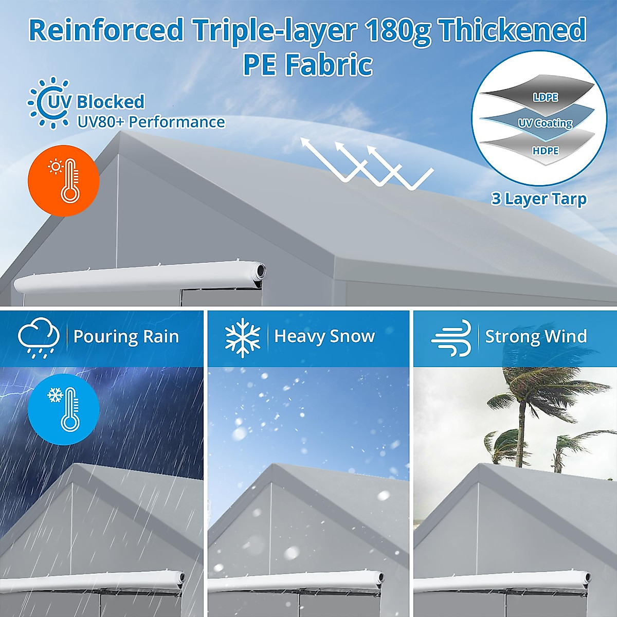 Garvee Carport, 10'x 20' Heavy Duty Carport Canopy with Semi-Auto Ventilated Windows & Roll-up Door w/Zipper, Portable Garage with Steel Frame and Waterproof UV-Treated Cover for Car, Boats, Truck