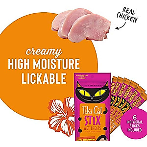 (12 Pack, 72 Stix) Tiki Pets Cat Stix Wet Treats Topper, Grain Free Lickable Smooth Blend with Chicken in Creamy Gravy with 10ct Pet Wipes