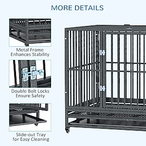 PawHut 43" Heavy Duty Dog Crate Metal Cage Kennel with Lockable Wheels, Double Door and Removable Tray, Gray