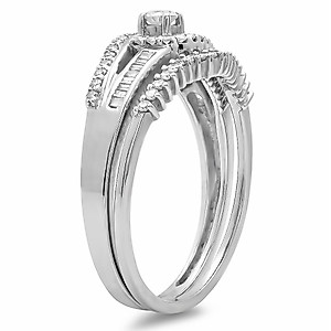 Dazzlingrock Collection 0.50 Carat (ctw) 10k Round & Baguette Diamond Women Swirl Engagement Matching Band Halo Style Bridal Ring Set 1/2 CT, White Gold, Size 6