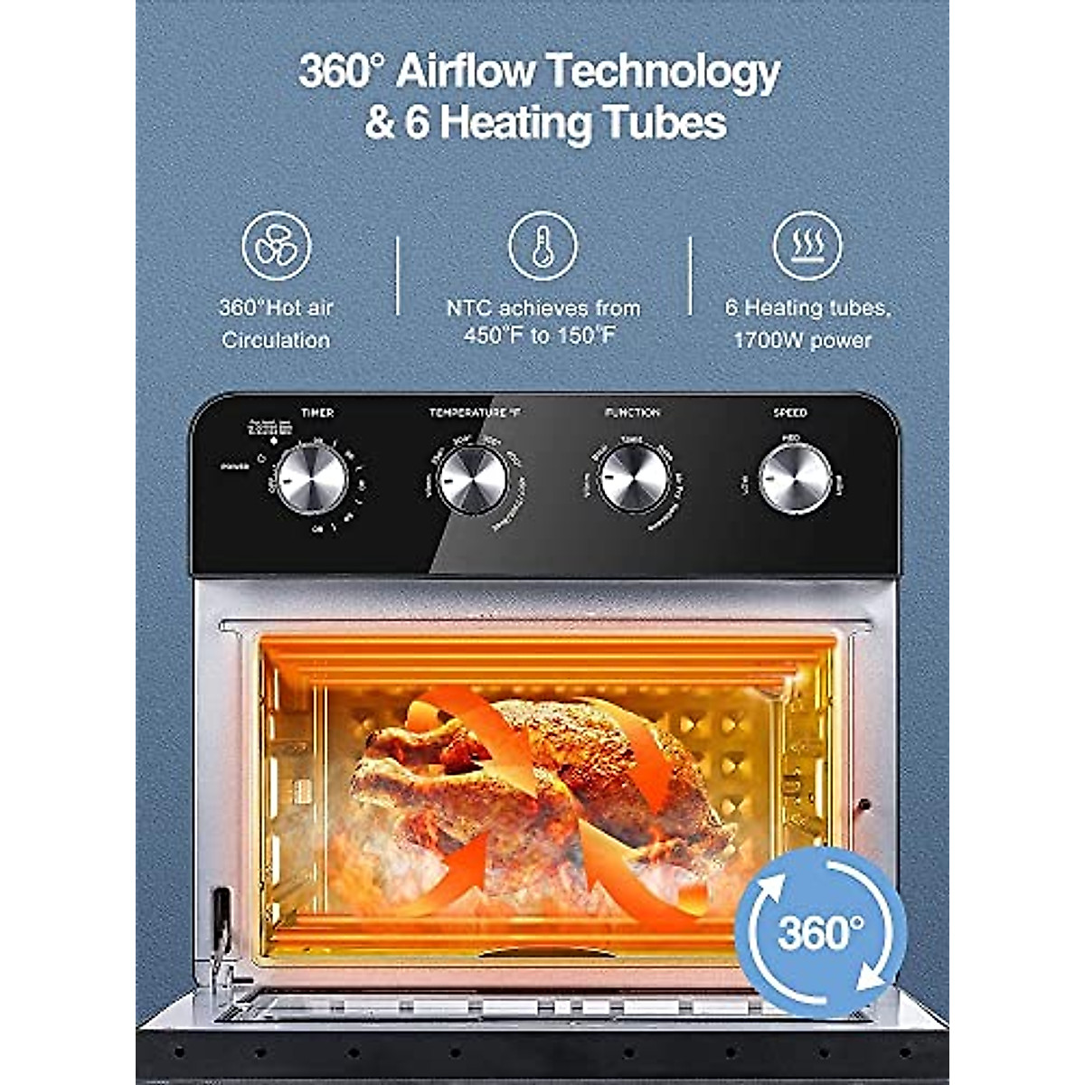 A/C 10-in-1 Air Fryer Oven, 24 QT large Convection Toaster Oven with Rotisserie and Dehydrator, 1700W Oil-free Cooking, 6 free Accessories & 75 Recipes, Black (FM-9015)