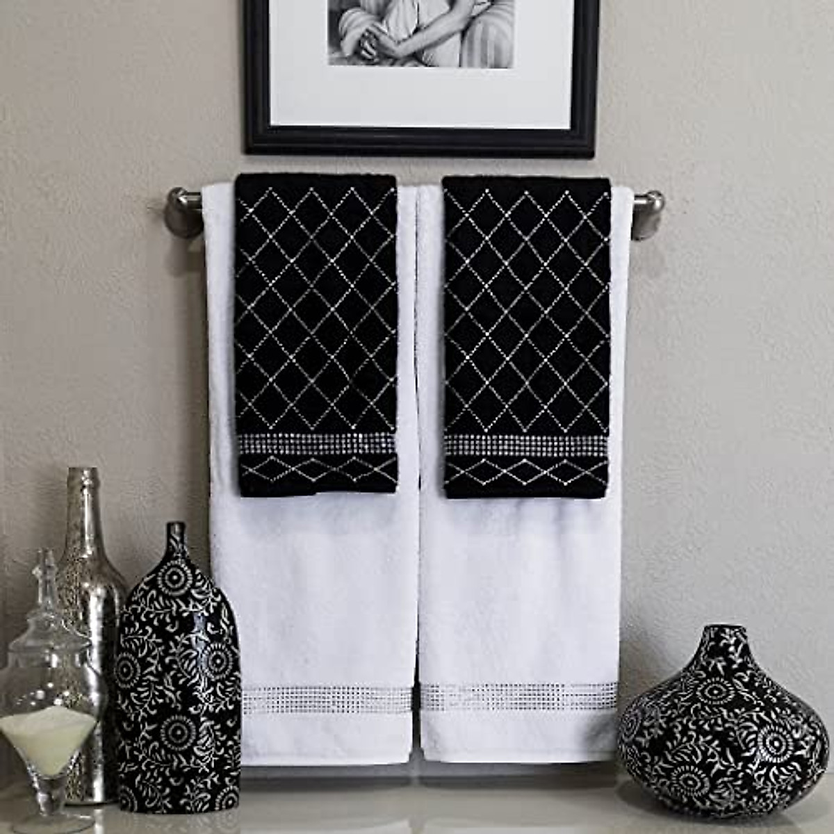 Sparkles Home Rhinestone Hand Towel with X Pattern, Set of 2, Black