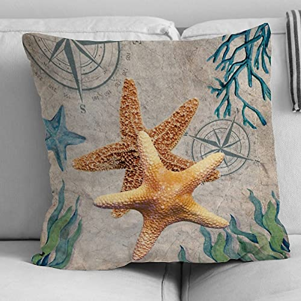 Vintage Beach Sea Life Starfish Throw Pillow Cushion with Zippe Nautical Sofa Pillows Sea Turtle Sea Life Farmhouse Throw Pillow Case for Sofa Living Room White Linen 22x22in Housewarming Gift